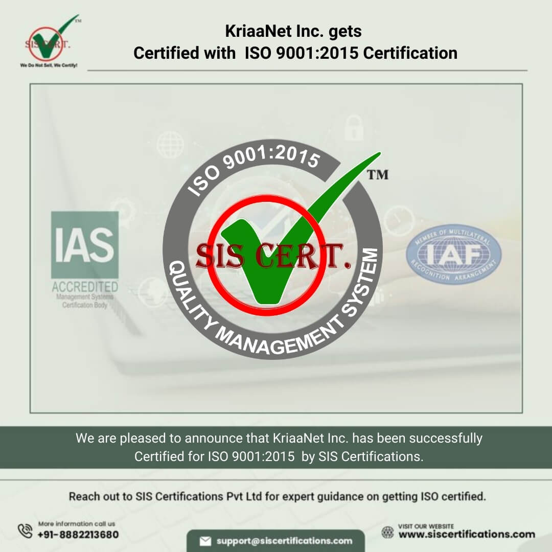 KriaaNet Inc achieved ISO 9001 Certification