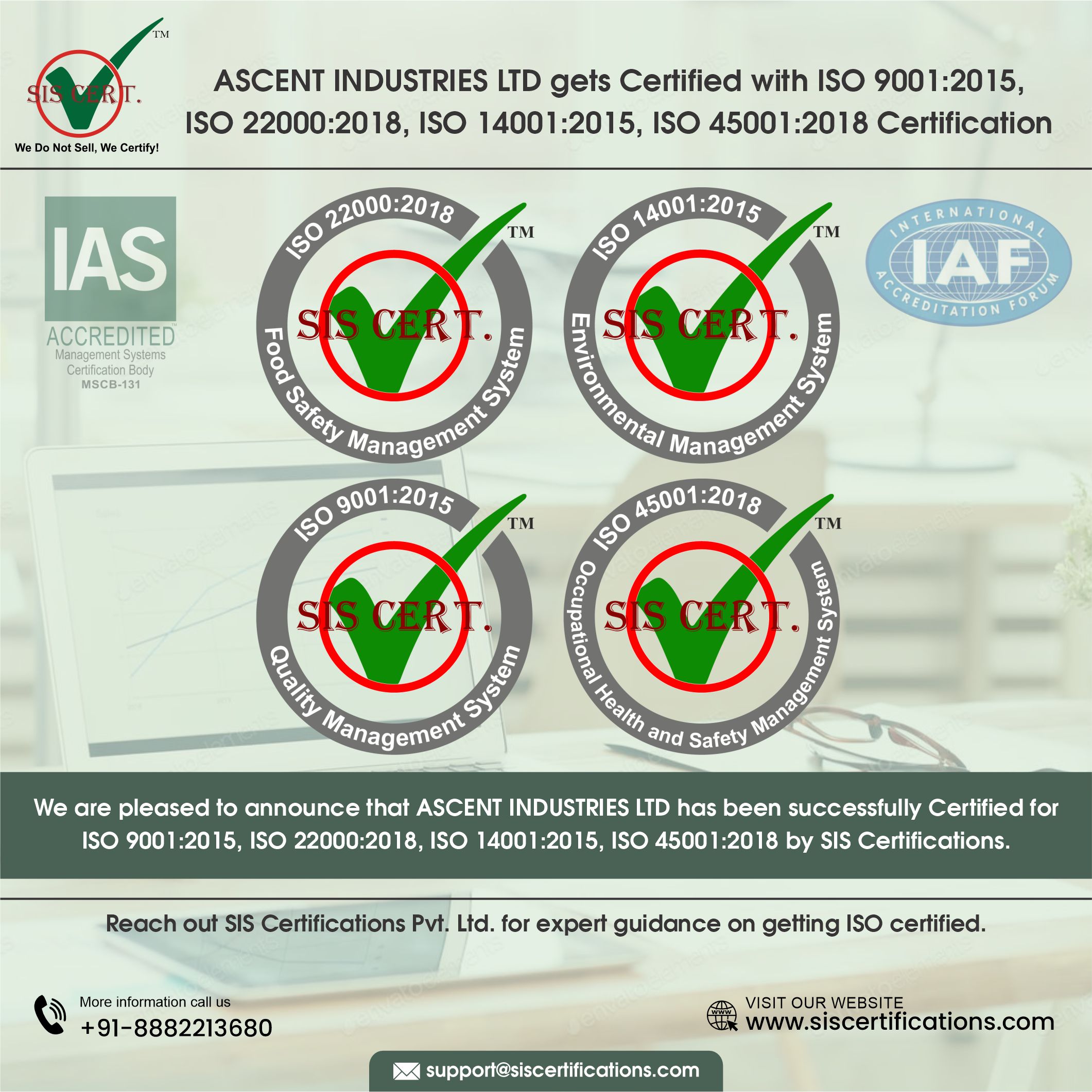 ASCENT INDUSTRIES LTD achieved multiple ISO Certifications