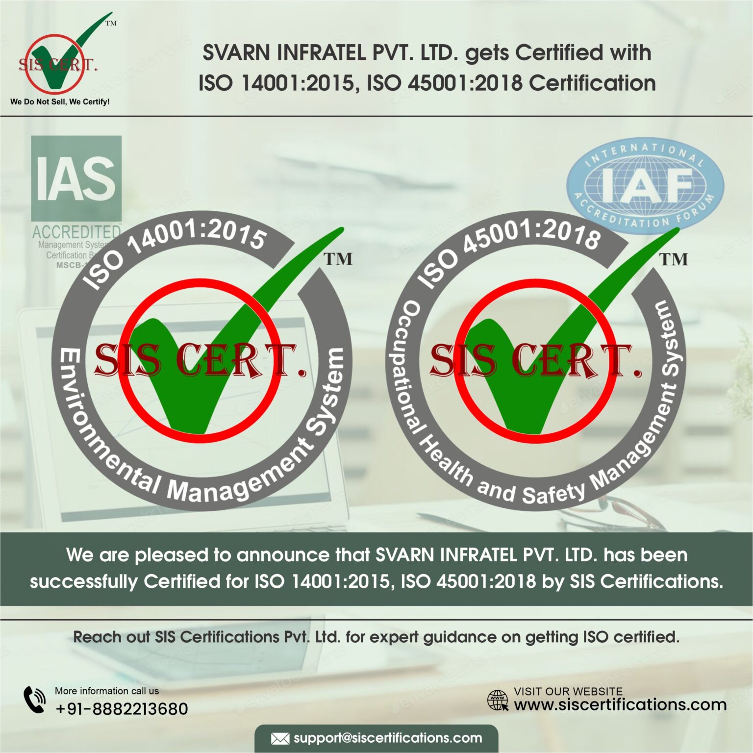 SVARN INFRATEL PVT. LTD achieved ISO 14001 and 45001