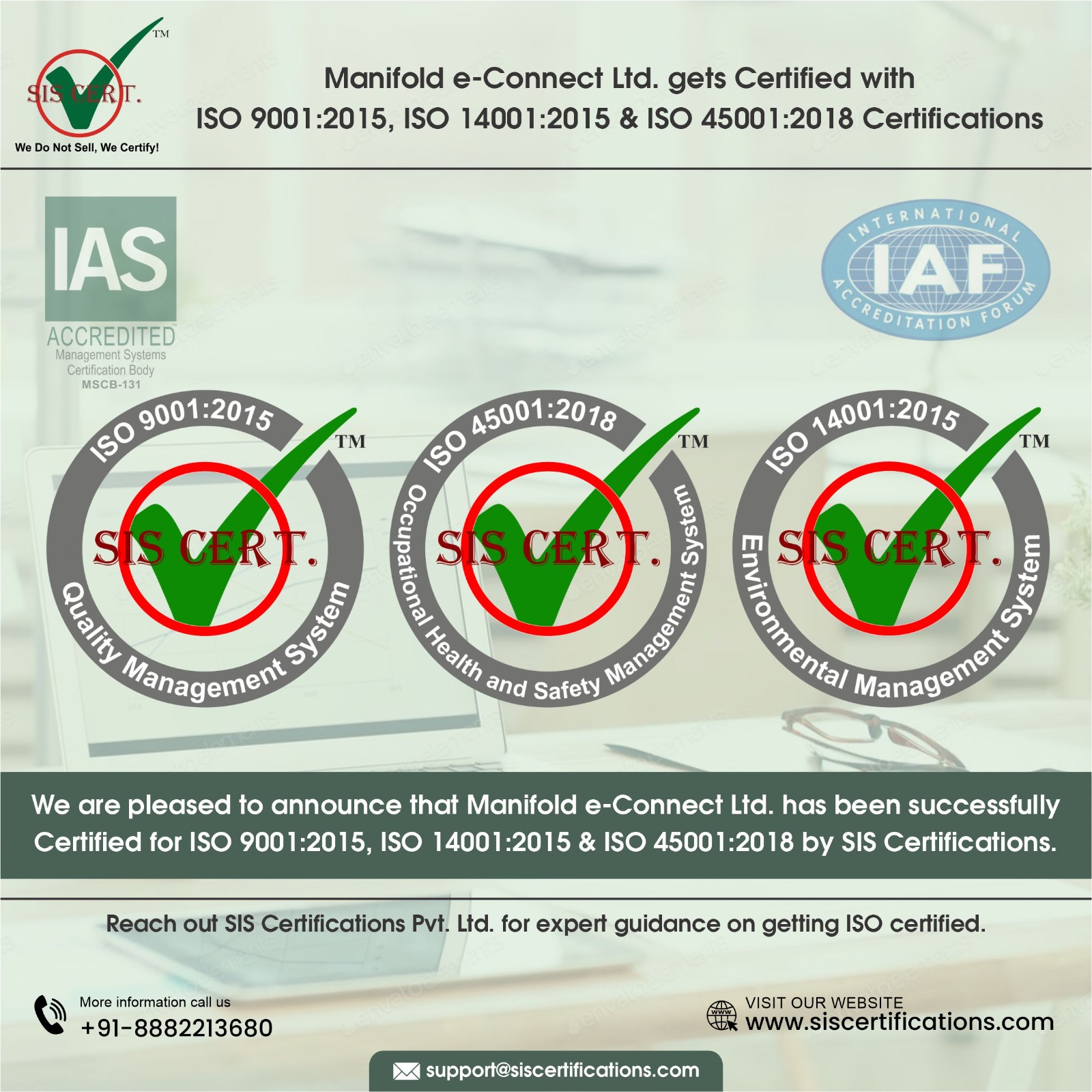 Manifold e-Connect Ltd. achieved ISO 9001, 14001 and 45001