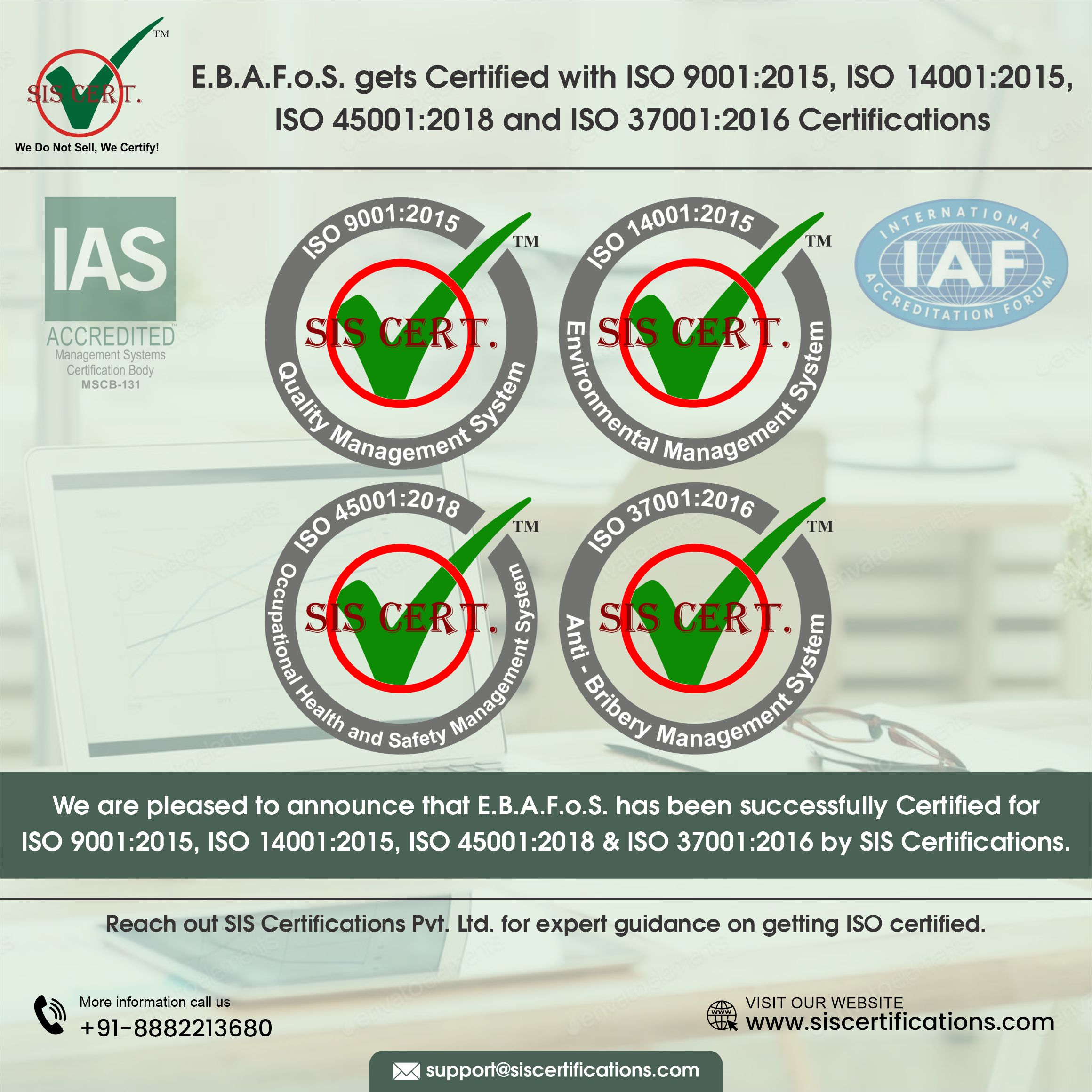 EBAFOS received achieved ISO Certifications