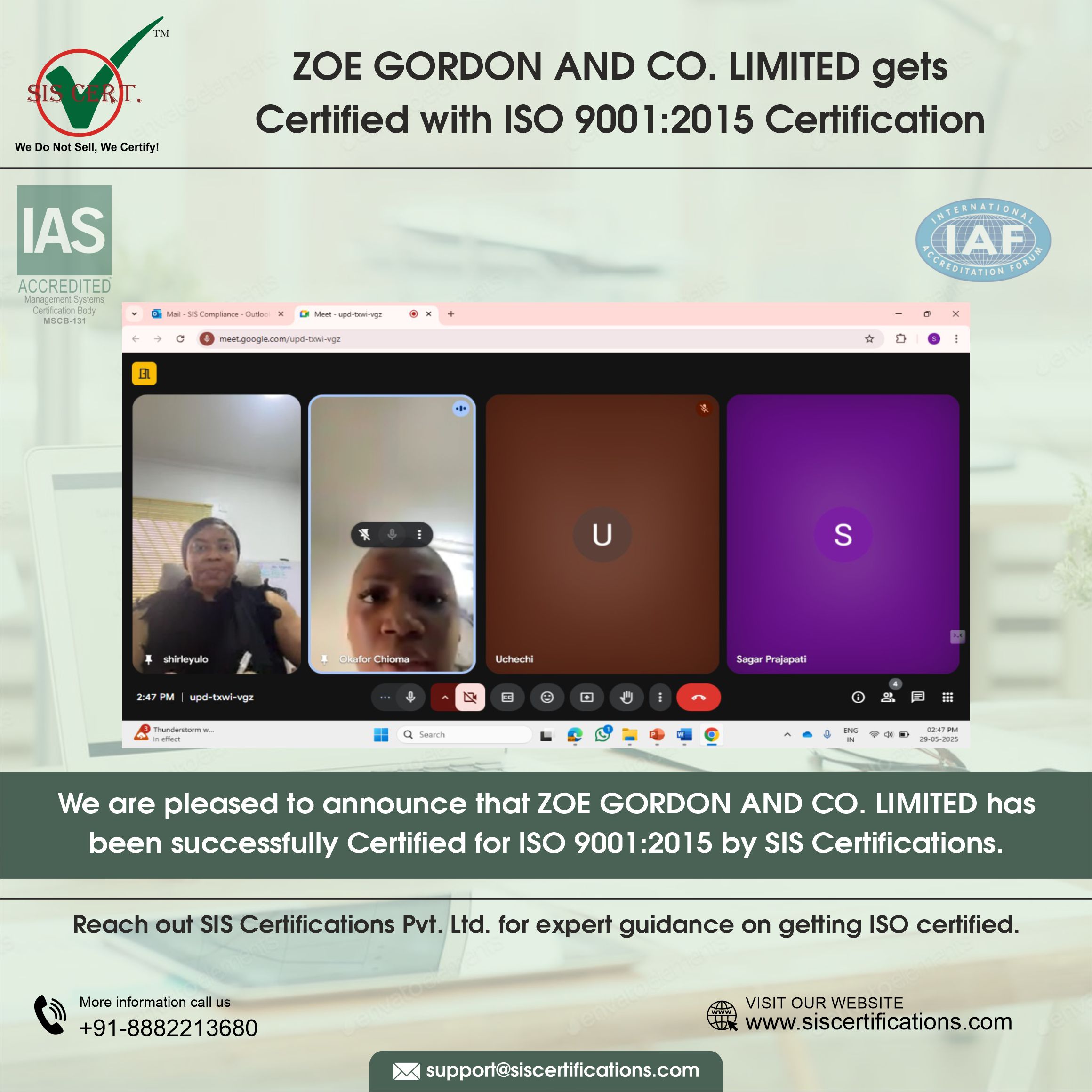 Zoe Gordon and Co Limited achieved ISO 9001 Certification