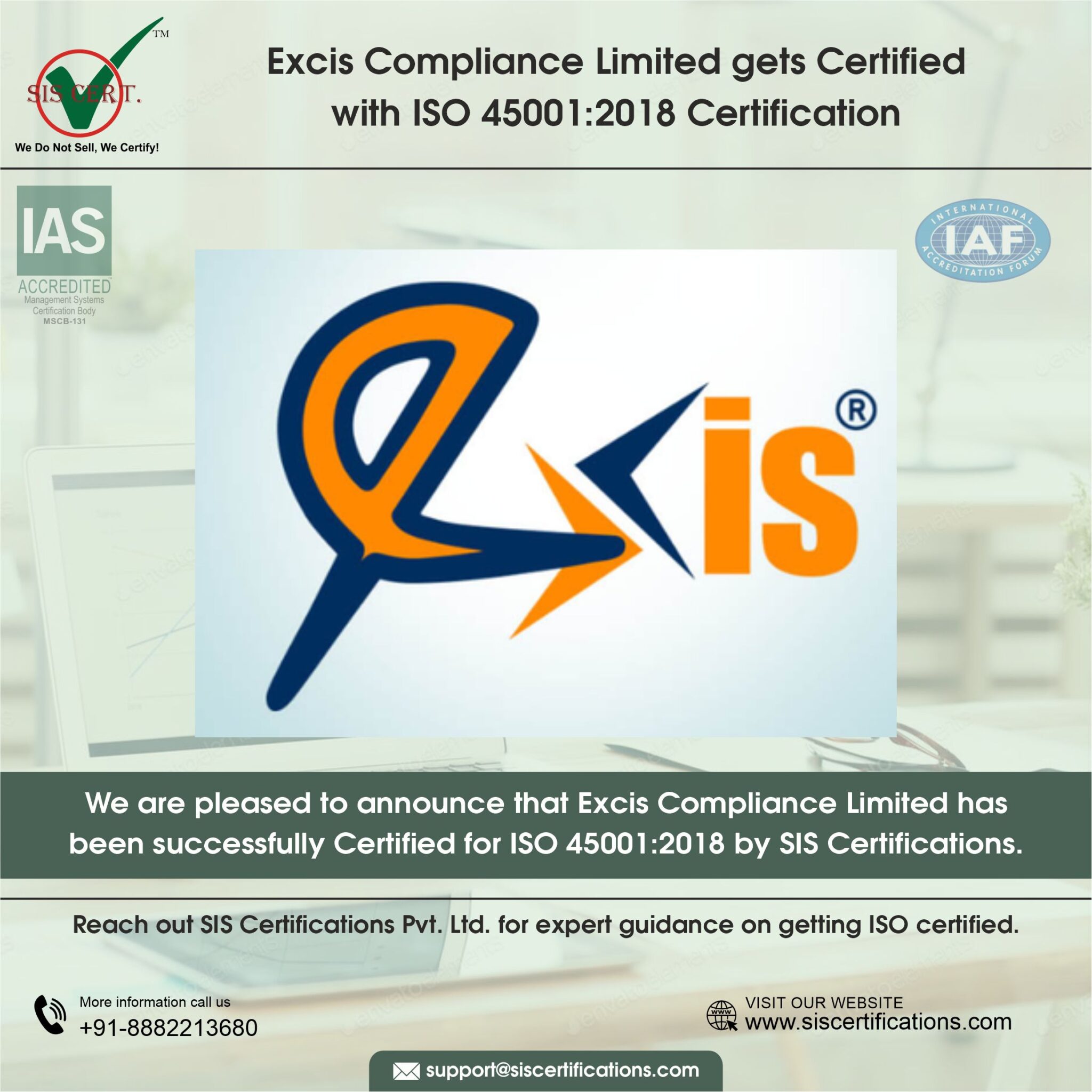 Excis Compliance Limited received ISO 45001 Certification